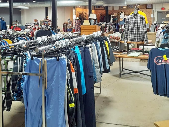 Racks of men's clothing stretch into the distance, offering style possibilities without the usual wardrobe-building financial anxiety attacks.