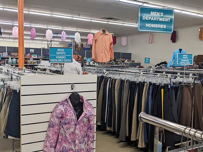The men's department offers everything from business casual to tropical statement pieces—that pink floral jacket is calling someone's name!