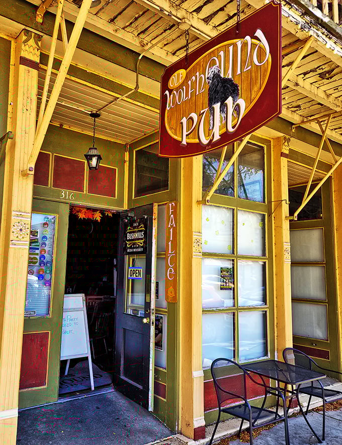 The Ole Wolfhound Pub's sunny yellow exterior promises liquid sunshine inside – the kind that comes in pint glasses and sparks conversation.
