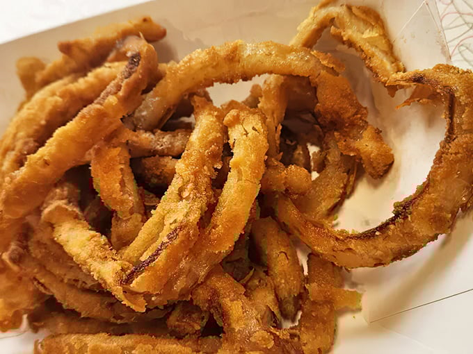 Onion rings that shatter with each bite – the perfect golden armor protecting sweet onion treasure within. Worth every napkin you'll need afterward.