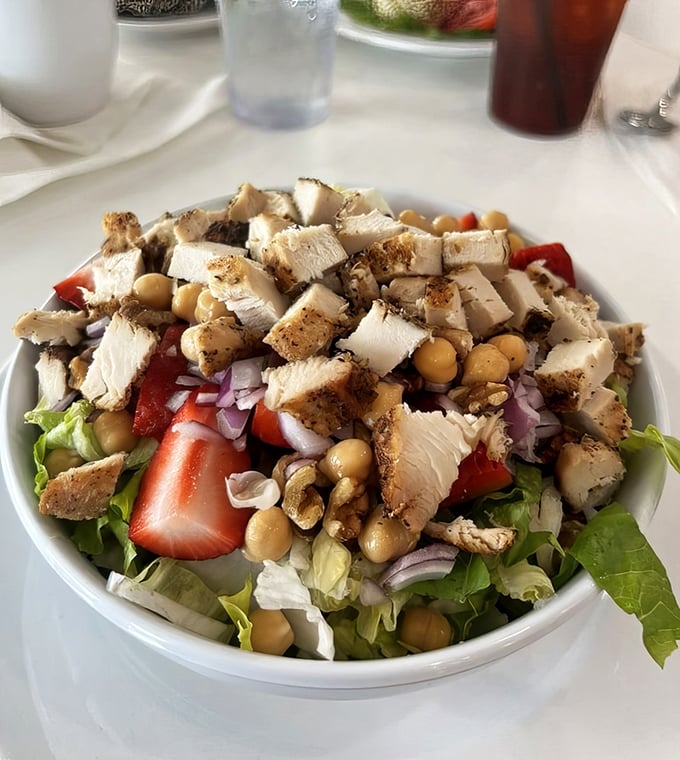 This chicken salad could convert even the most dedicated carnivore to the church of greens. Strawberries and chickpeas add unexpected harmony.