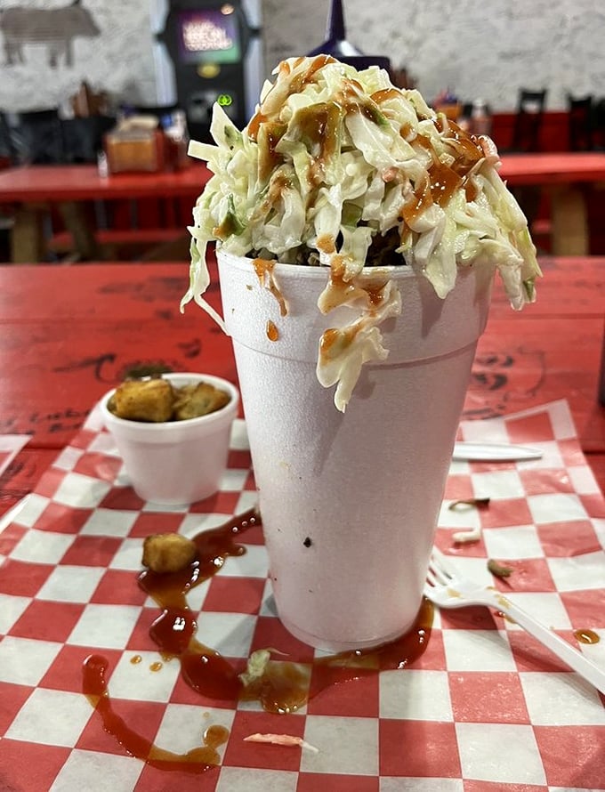 The BBQ parfait defies convention and gravity itself—layers of coleslaw and sauce cascading down like a savory waterfall that makes salad lovers and meat enthusiasts equally happy.