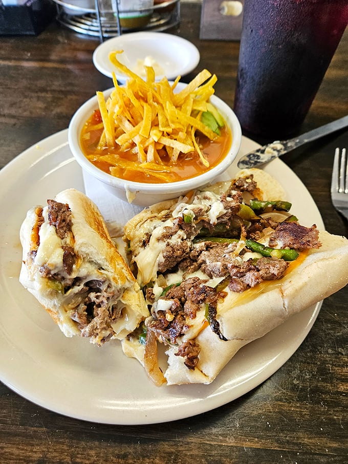 The Philly cheesesteak that launched a thousand napkins. Paired with tortilla soup topped with crispy strips, it's a lunch worth crossing state lines for.