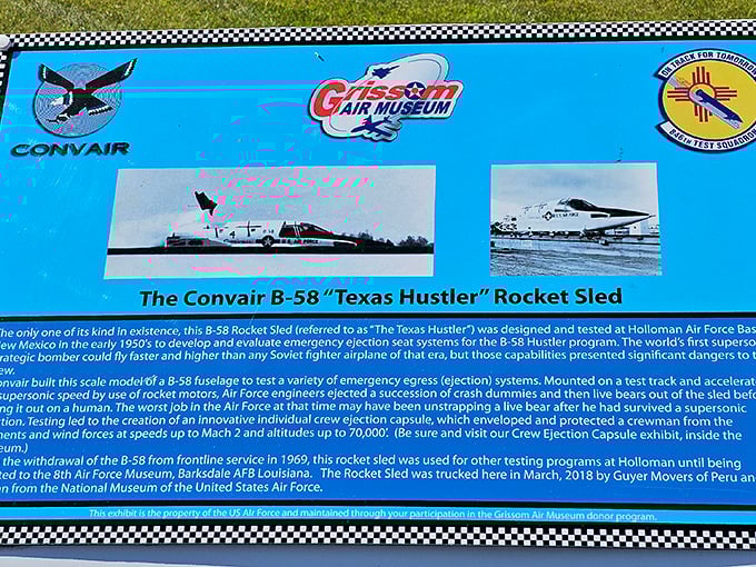 This informational plaque tells the fascinating story of the B-58 "Texas Hustler" Rocket Sled, proving that "hustler" meant something entirely different in aviation circles.
