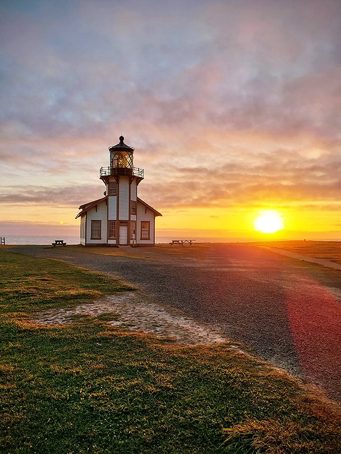 Point Cabrillo Lighthouse at sunset—where maritime history meets Instagram gold in a scene that would make Winslow Homer reach for his paintbrush.