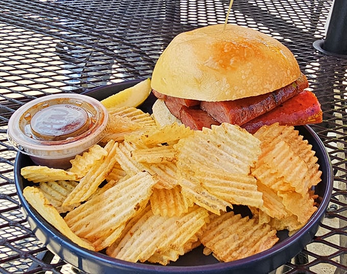 Simple pleasures done right – a sandwich that doesn't need fancy tricks, just quality smoked meat and crispy chips as loyal sidekicks.