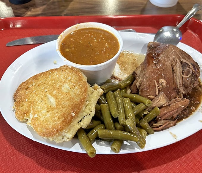 That cornbread paired with tender meat and green beans represents Southern cooking at its honest, unpretentious best – pure soul food.