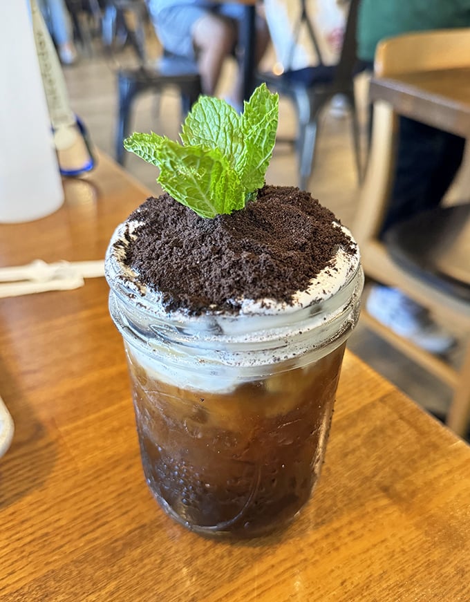 Not your average iced coffee—this "potted" dessert drink comes with a mint "plant" sprouting from chocolate "soil." Gardening never tasted so good!