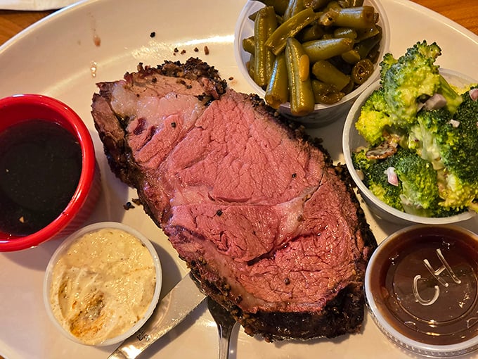 Prime rib so perfectly cooked it deserves its own Instagram account. Those sides aren't playing supporting roles—they're co-stars in this delicious production.