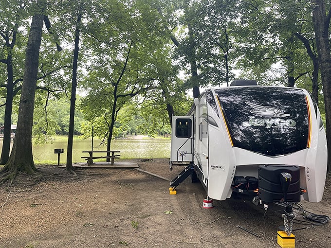 Lakeside camping with all the comforts of home – because communing with nature doesn't mean you can't bring your shower and coffee maker along.