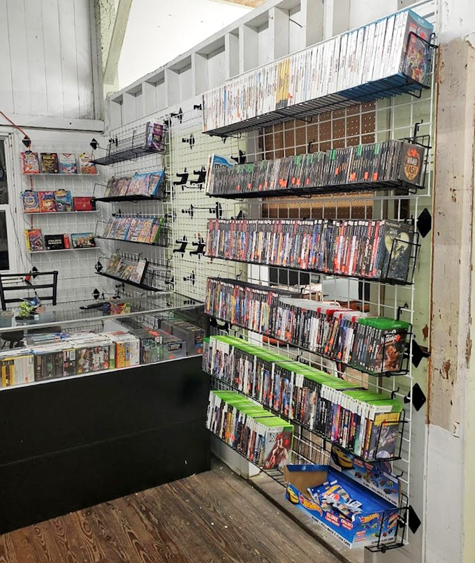Gaming nostalgia lines these shelves like a time machine to childhood afternoons. One person's outdated console is another's retro treasure.