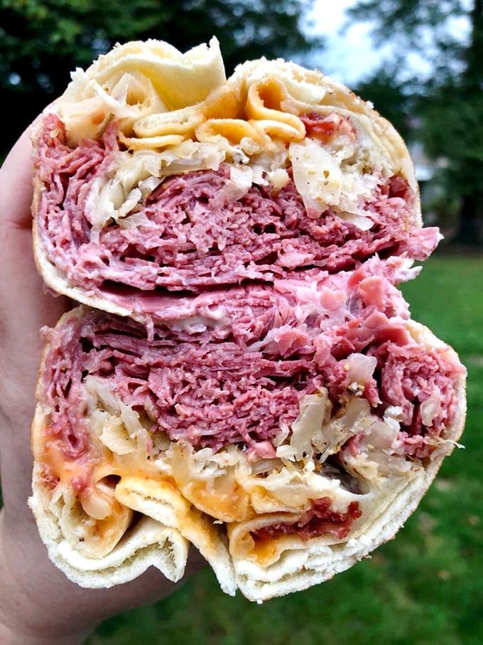 Behold the corned beef wrap—where traditional deli meets modern convenience. That cross-section reveals the geological layers of deliciousness.