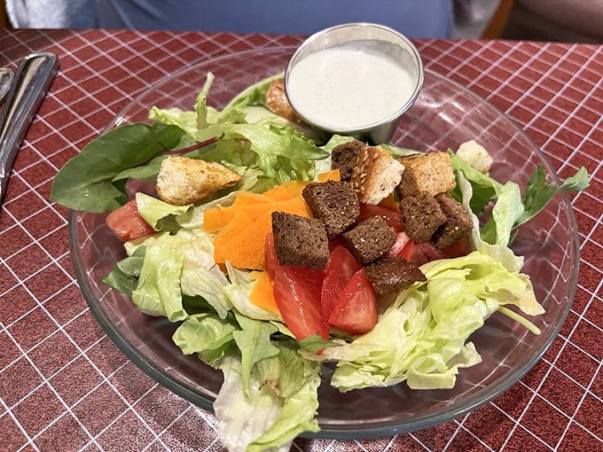 A garden salad that actually looks garden-fresh, with those rye croutons adding the perfect Wisconsin accent to each bite.