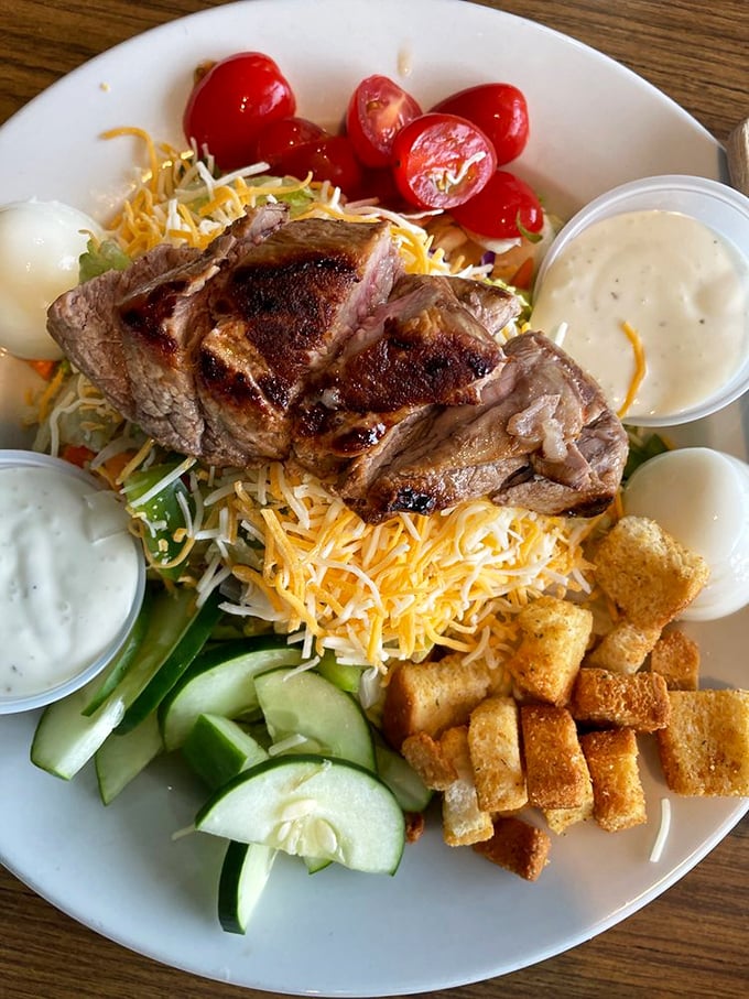 A salad that doesn't apologize for being exactly what you need – crisp, colorful, and generous enough to count as actual food.