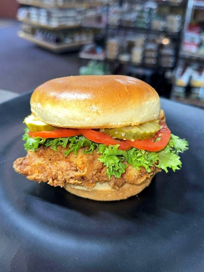 This isn't just a sandwich; it's architecture with flavor. The golden-fried chicken and fresh toppings create the Taj Mahal of lunch options.