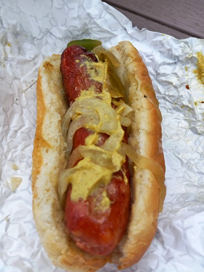 This isn't just any hot dog—it's a sausage that's been through smoke college and graduated with honors. The mustard and onions are just the diploma frame.