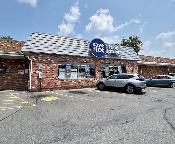 The Save A Lot food store embodies Hancock's practical approach to living well without breaking the bank—essential services without big-city markups.