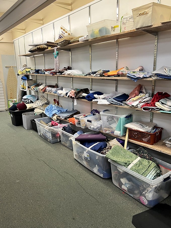 Behind the scenes magic—where donations transform into organized treasure. These plastic bins are like cocoons, waiting for items to emerge as someone's perfect find.