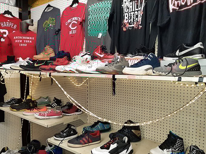 Sneakerheads and sports fans converge at this booth where vintage kicks and team gear create a colorful timeline of athletic fashion.