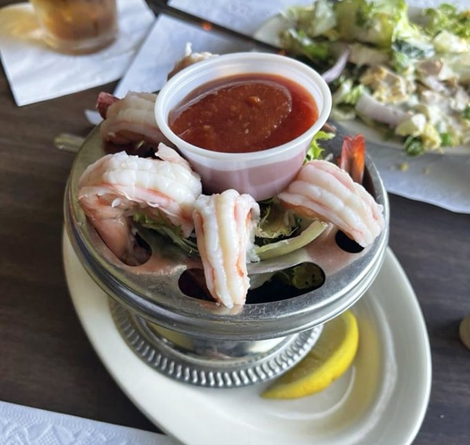 Shrimp cocktail served old-school style—on ice with a zingy sauce that wakes up your taste buds. Seafood this fresh makes you forget you're hundreds of miles from any ocean.