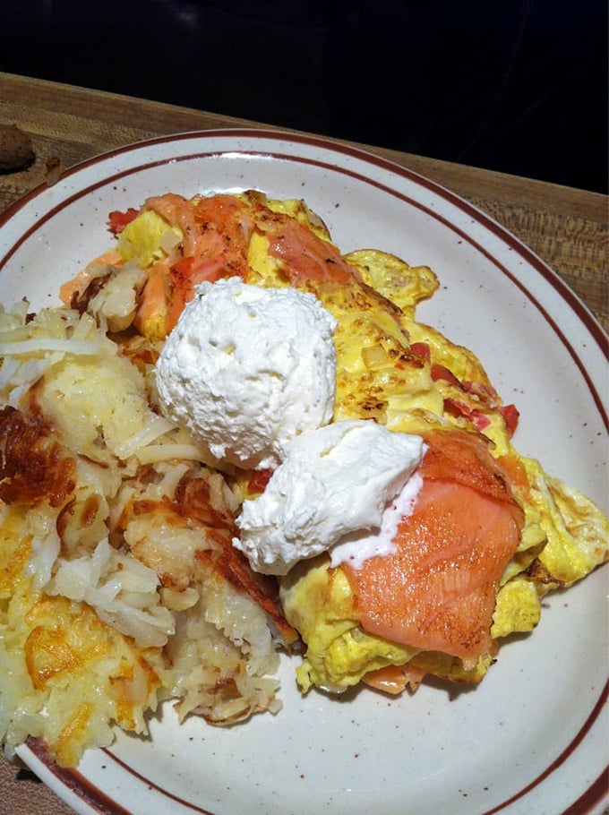 Smoked salmon omelette topped with dollops of cream cheese—proof that sometimes the best ocean views in La Jolla are on your plate.