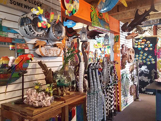 Florida kitsch reaches its magnificent peak with this explosion of coastal decor—where no wall is complete without at least one decorative parrot.