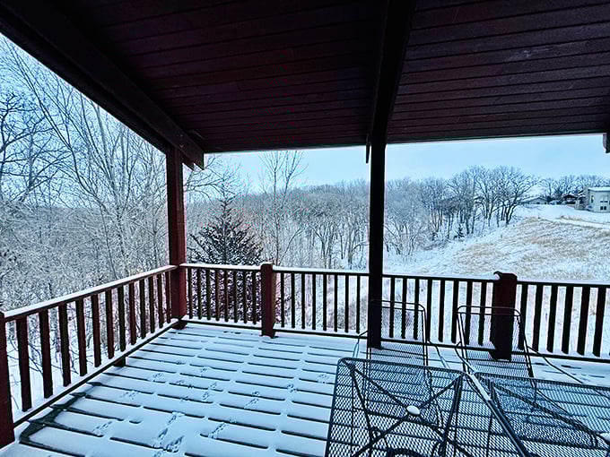 Winter's quiet magic transforms the park. From this snow-dusted cabin deck, the forest looks like it's been dipped in powdered sugar – nature's dessert.