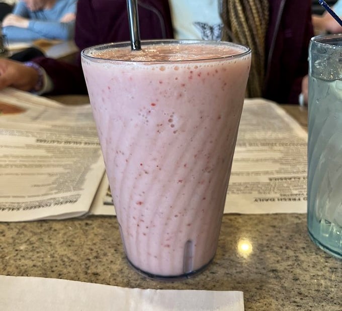 A strawberry smoothie so thick and creamy it requires serious straw commitment—the perfect antidote to the Nevada heat.