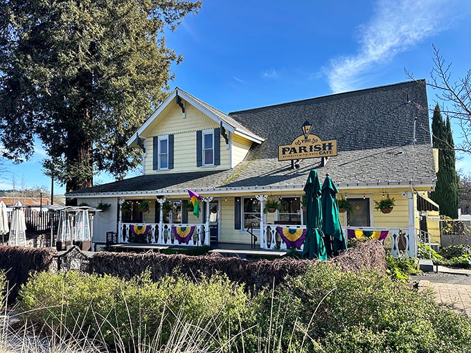 The Parish Café serves New Orleans soul in California sunshine. Those porch railings have supported more food comas than a Thanksgiving couch.