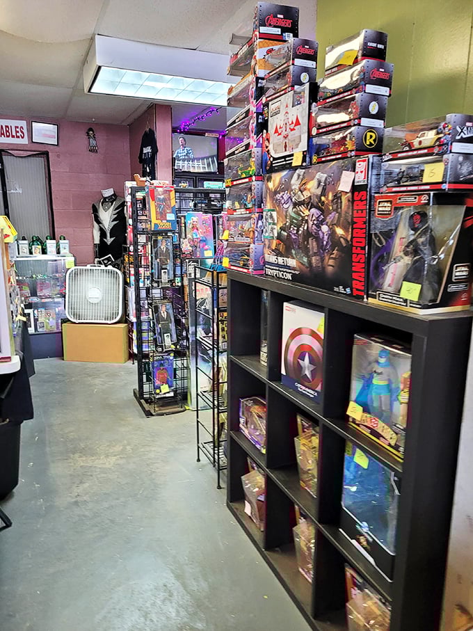 Action figures stand at attention in this toy collector's paradise, where childhood memories are boxed, priced, and waiting for new adventures.