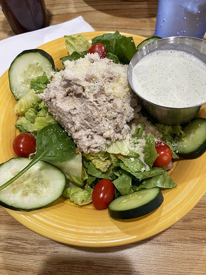 Even the salads here mean business – fresh greens, juicy tomatoes, and house-made tuna salad that puts your sad desk lunch to absolute shame.