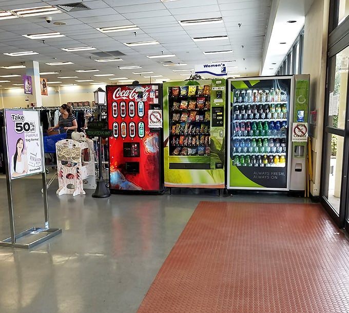 Even thrift warriors need refreshments! These vending machines stand ready to refuel shoppers after the exhilaration of finding that perfect item.
