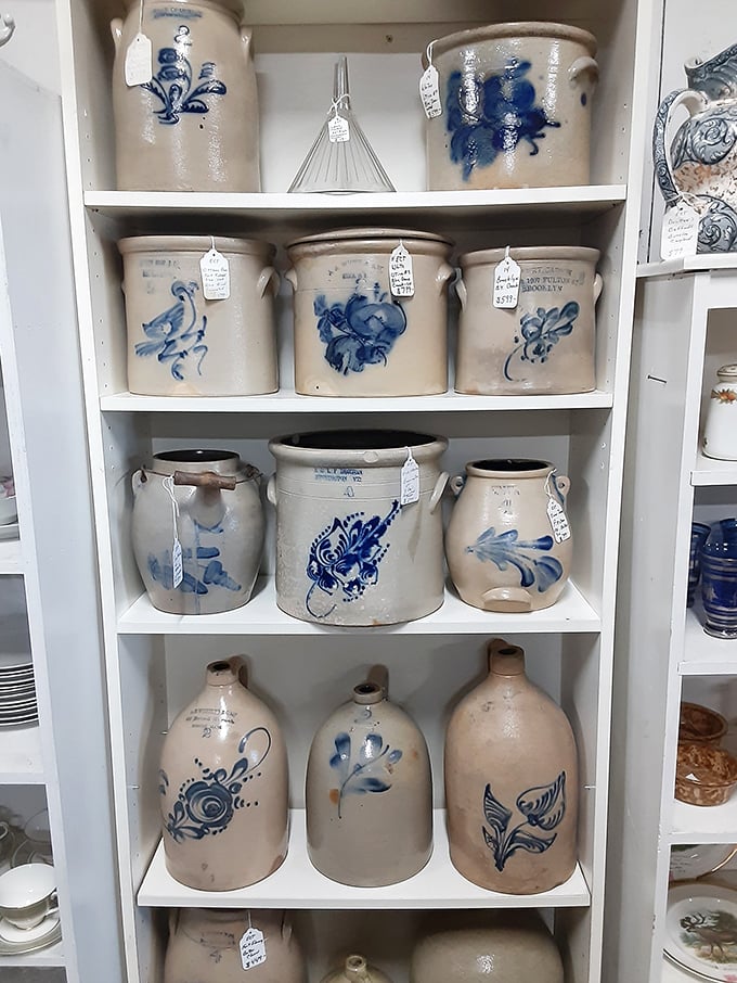 Blue-decorated stoneware that's survived generations of use. These sturdy crocks once preserved winter provisions; now they preserve a vanishing craft tradition.