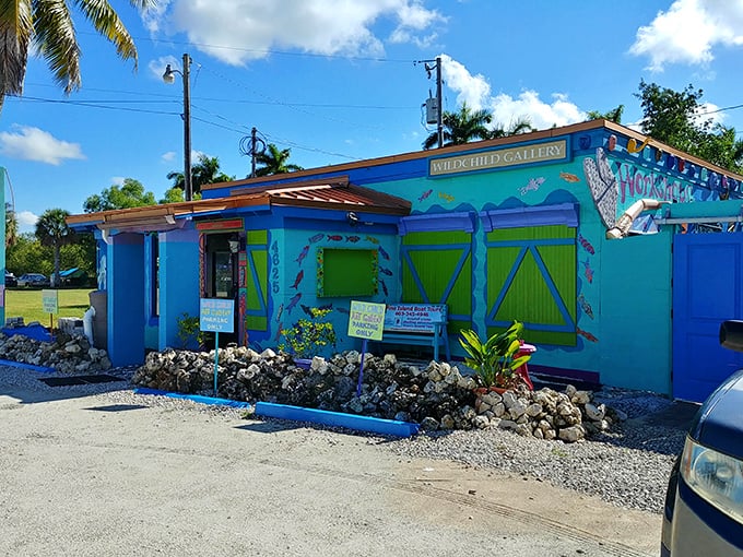 Wild Child Art Gallery lives up to its name with electric blue walls and lime green shutters—subtlety took a vacation and never returned.