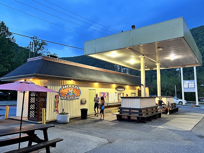 Woods Ice Cream proves that some gas stations have higher callings—serving scoops of happiness under the mountain twilight.