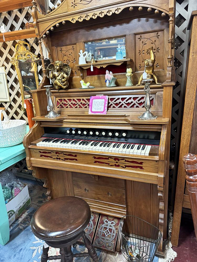 This antique pump organ isn't just furniture – it's a conversation piece that comes with built-in stories and possibly the ghost of a Victorian pianist.