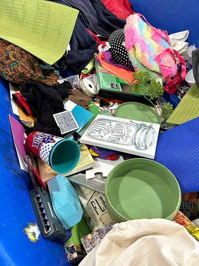 A kaleidoscope of possibility—books, mugs, and mysteries mingle in delightful disorder, waiting for someone to recognize their value.