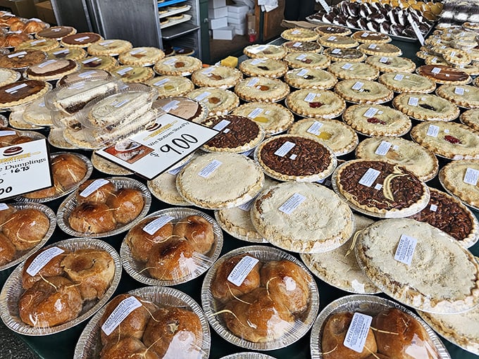 Pie paradise—where apple, shoofly, and cherry creations sit shoulder-to-shoulder like delicious vinyl records in a dessert lover's collection.