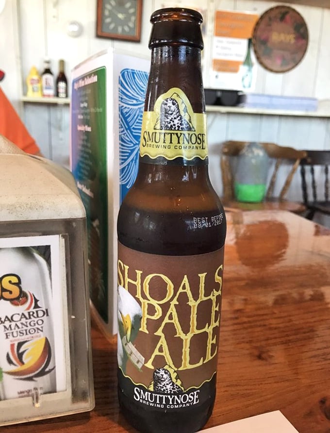A local Smuttynose Shoals Pale Ale—because nothing complements seafood better than a crisp beer from just down the coast. The wooden table has probably heard thousands of satisfied sighs.