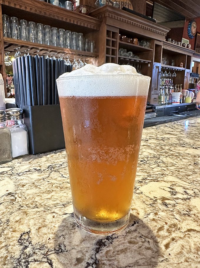A perfectly poured craft beer catching the light just right—liquid amber topped with a cloud-like head that whispers, "Take a sip, you deserve it."