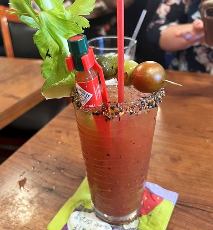 A Bloody Mary that's practically a meal unto itself. Those garnishes aren't decorations—they're a commitment to excellence.