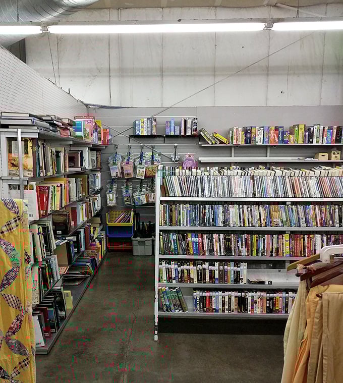 The book section – where dog-eared paperbacks and forgotten bestsellers create a literary buffet for the budget-conscious bookworm.