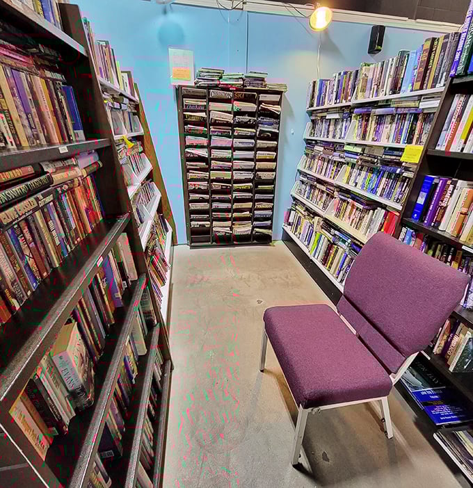 The book nook: where literary treasures and a comfy purple chair invite you to sit awhile and judge books by both covers and first pages.