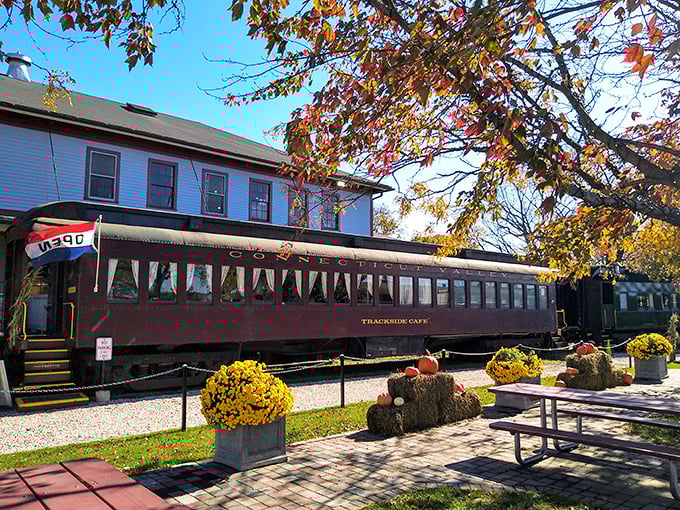 The Trackside Café sits ready for hungry travelers in a converted coach that's seen better days everywhere.