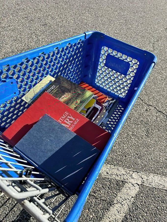 Literary treasures await in this blue cart – from bestsellers to obscure gems, each book representing someone else's finished adventure and your next journey.