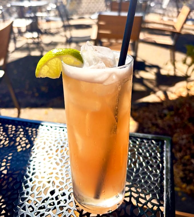 A refreshing cocktail catching afternoon light on the patio – that lime wedge isn't just garnish, it's an exclamation point on summer in a glass.