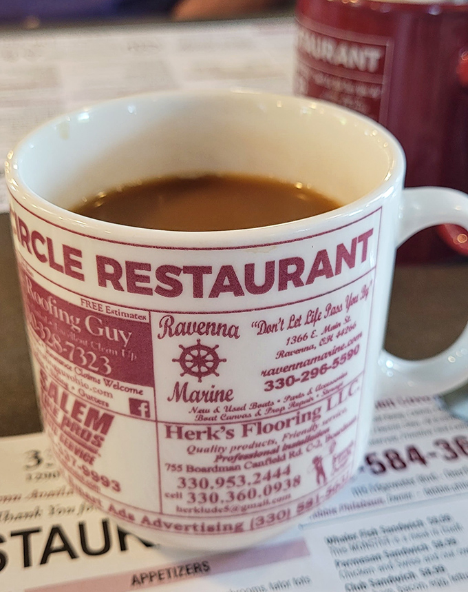 Even the coffee mug tells stories – local businesses advertised on ceramic, warming your hands while the caffeine warms your soul.
