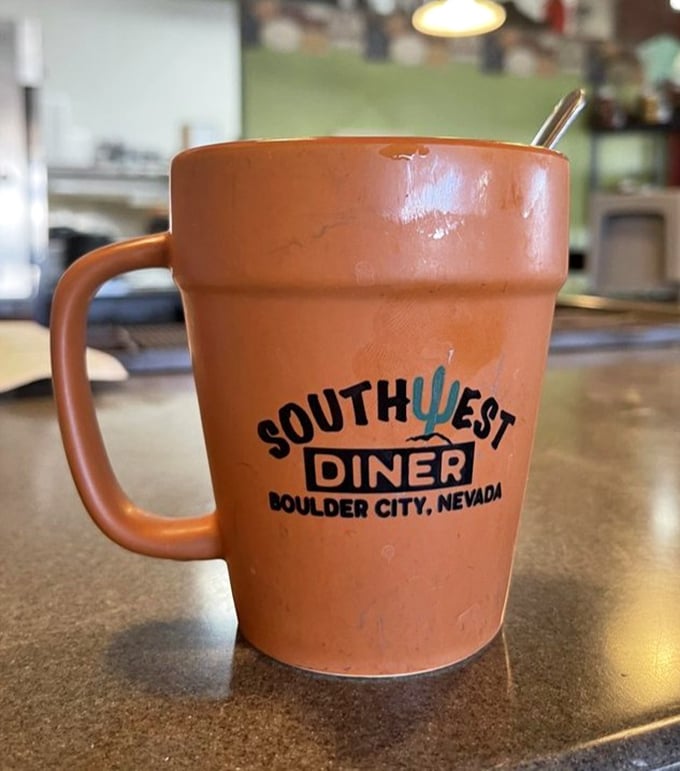 Their signature terracotta coffee mug isn't just a vessel – it's practically a Boulder City landmark, promising unlimited refills and local pride in equal measure.