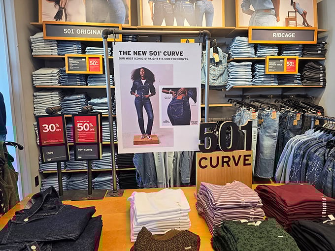Levi's denim display showcases the "501 Curve," proving that finding the perfect pair of jeans remains humanity's most persistent quest.