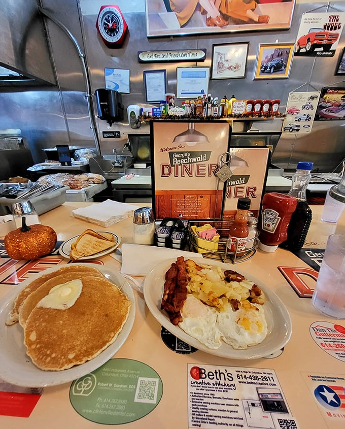 Counter-culture at its finest – pancakes on one plate, eggs and bacon on another. The diner's version of a balanced breakfast portfolio.